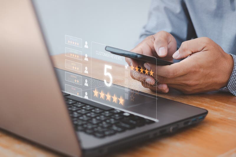 Man Hand Using Computer Notebook with Popup Five Star Icon for Feedback ...