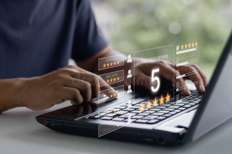 Man Hand Using Laptop Computer with Popup Five Star Icon for Feedback ...