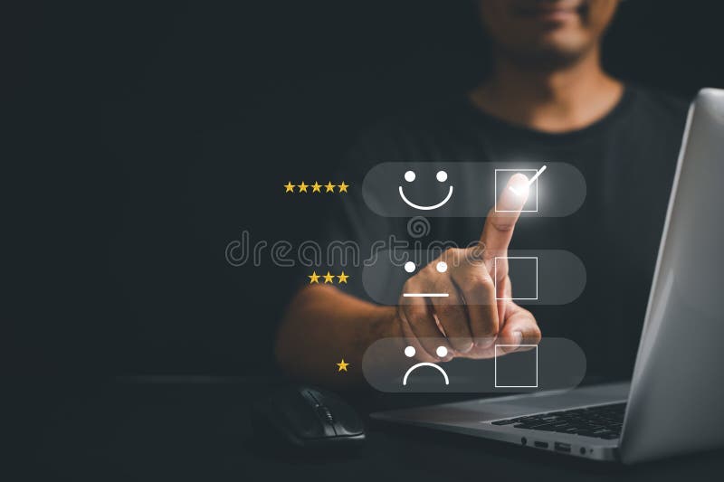 Man Hand Using Laptop Computer Select 5-star Popup with Smile Face Icon ...