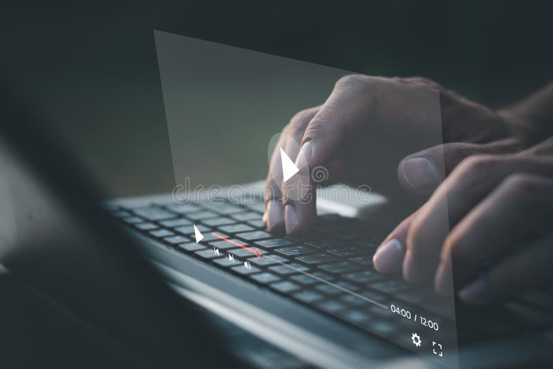 Man Hand Using Laptop Computer To Watching and Live Streaming Window ...