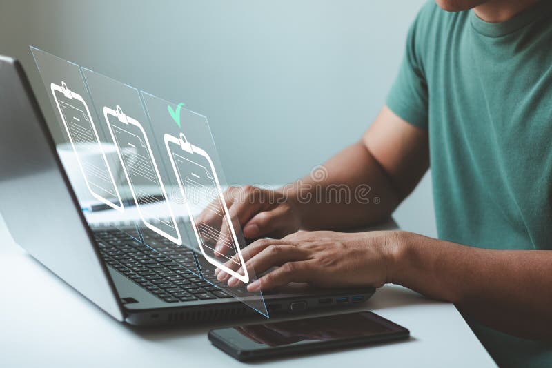 Man Hand Using a Laptop Computer with a Virtual Screen and Document for ...