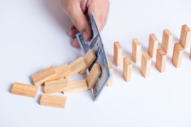 Man Hand Using Money Stop Domino Falling Effect Stock Image - Image of ...