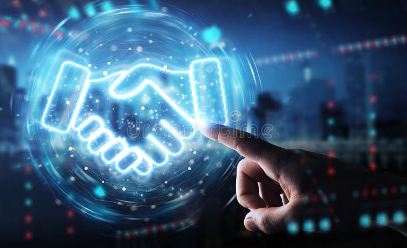 Man Hand Using Partnership Neon Blue Interface 3D Rendering Stock ...