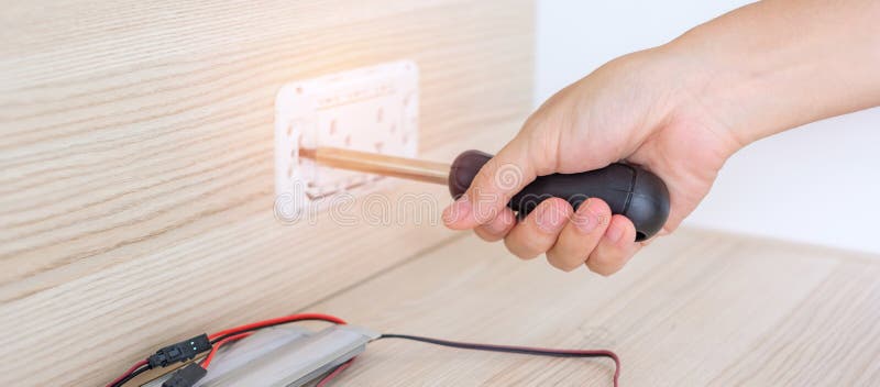 Man Hand Using Screwdriver Installing Wire Cables for Socket Plug ...