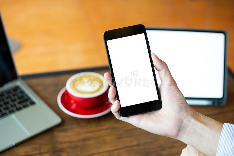 Man Hand Using Smartphone in the Coffee Shop,Screen Blank with Clipping ...