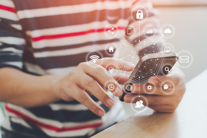 Man Hand Using Smartphone with Icon Technology Communication and ...
