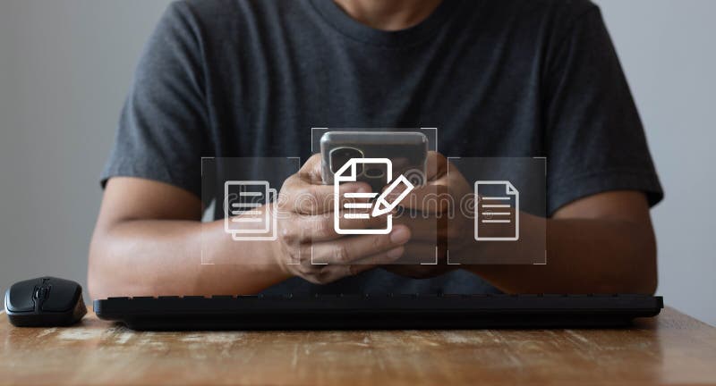 Man Hand Using Smartphone and Laptop Computer with Virtual Screen and ...