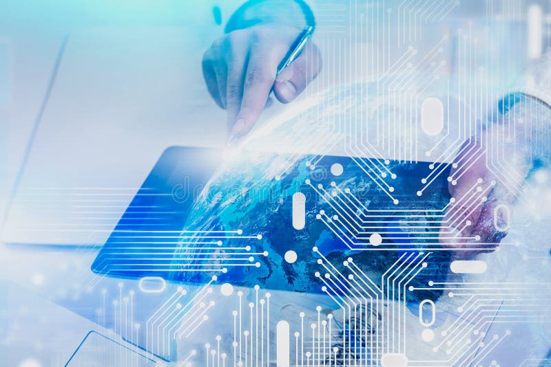 Man Hand Using Tablet with Circuit, Digital Planet Stock Illustration ...