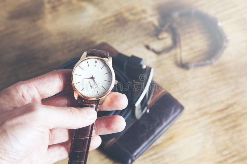 Man Hand Watch and Accessorise on Table Stock Image - Image of ...