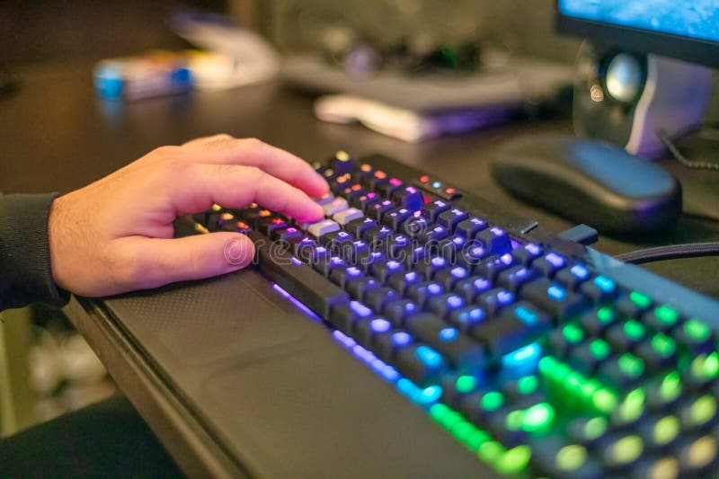Man Hand Working with Backlit Modern Computer Keyboard Stock Photo ...