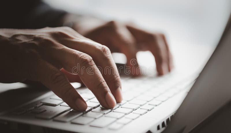 Man Hand Working on the Laptop in Office with the Fair Light Shines ...