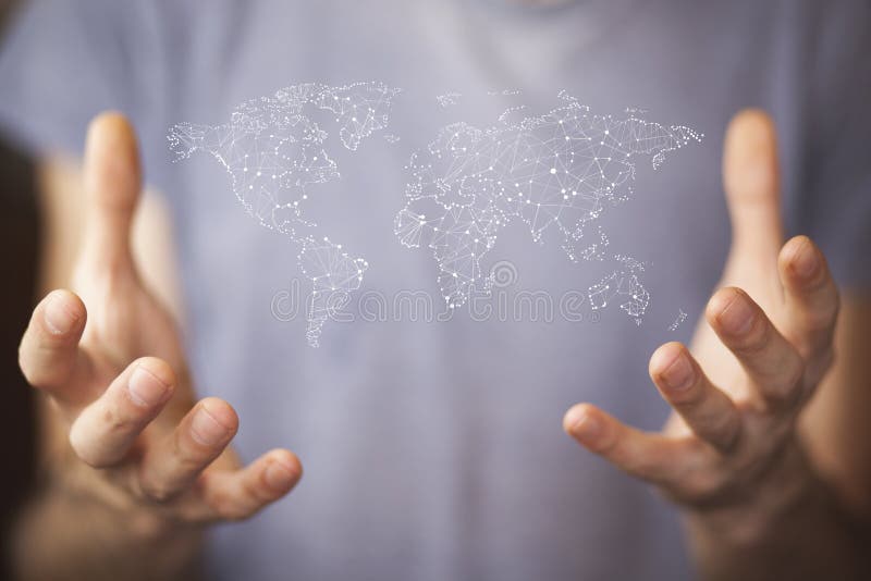 Man hand world map stock image. Image of digital, global - 158216955