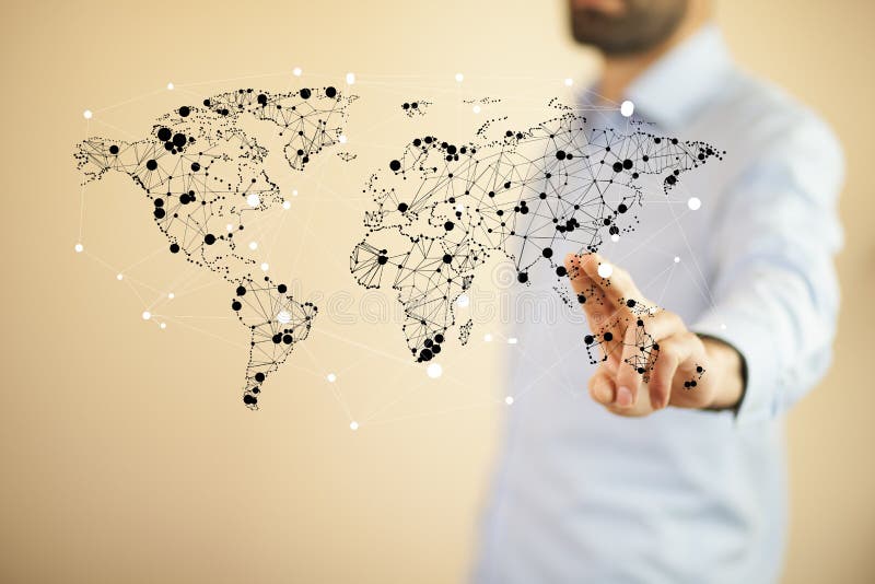 Man Hand World Map on the Screen Stock Photo - Image of businessman ...