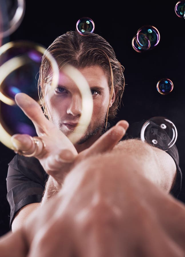 Man Hands, Bubbles and Magic Portrait in Studio for Art Performance, Creative Show and Black ...