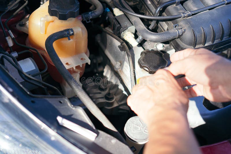Man Hands Checking Car Engine. Guy Checks His Car Stock Photo - Image ...