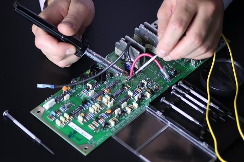 Man Hands Chip Soldering Tools Stock Image - Image of engineer, blue ...