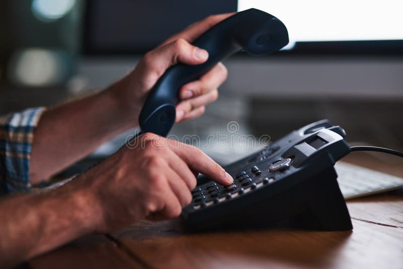 Man, Hands and Desk Phone Dialing for Call, Communication and ...