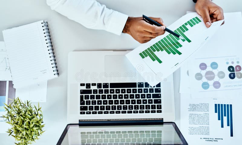 Man Hands, Documents and Computer for Data Analysis, Graphs and ...