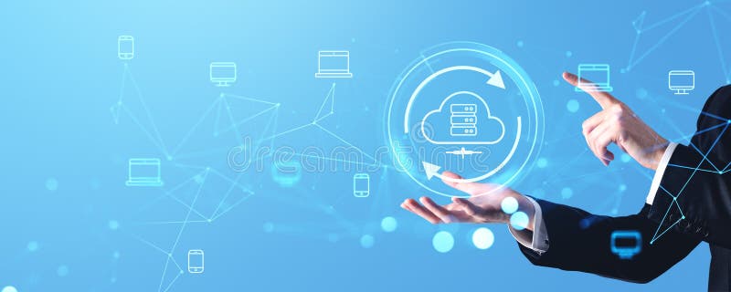 Man Hands and Finger Touch Cloud Service Hologram and Devices ...