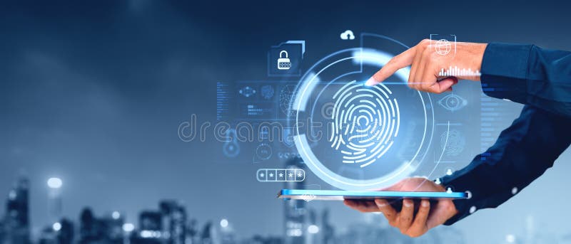 Man Hands and Finger Touch Tablet, Fingerprint Hologram. Copy Space ...