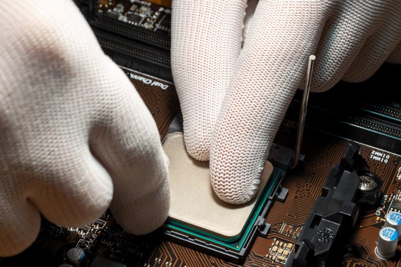 Man Hands in Gloves Replacing Processor on the Computer Motherboard ...
