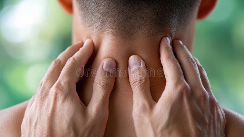 A Man with Hands on His Neck and a Green Background, AI Stock Image ...