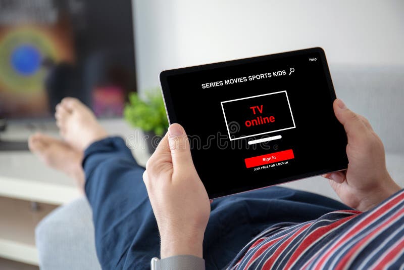 Man Hands Holding Computer Tablet with App Online Tv Screen Stock Image ...