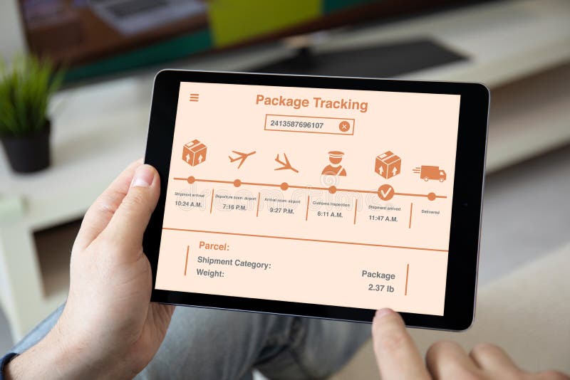 Man Hands Holding Computer Tablet with App Package Tracking Stock Photo ...