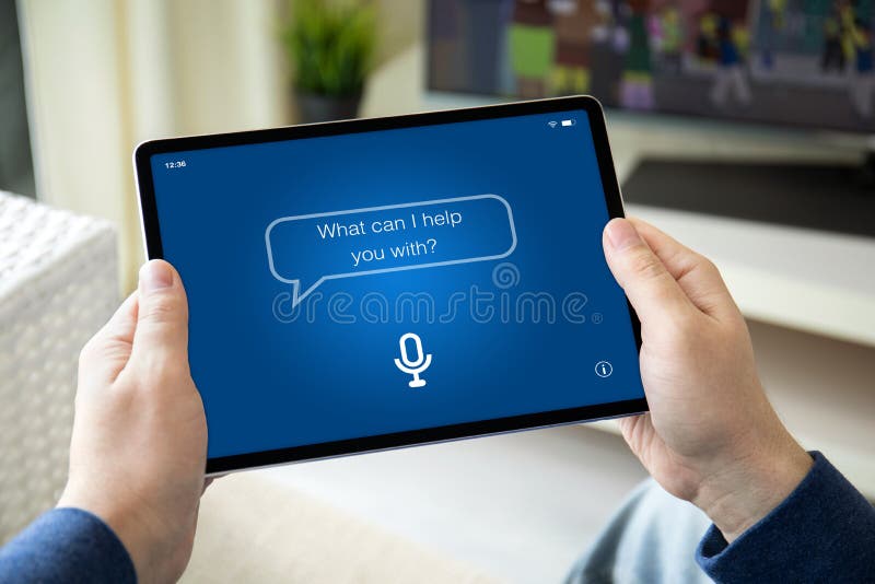 Man Hands Holding Computer Tablet with App Personal Assistant Stock ...