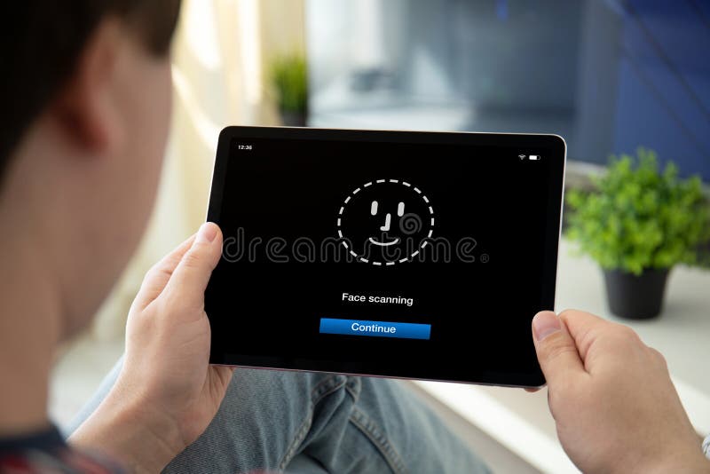 Man Hands Holding Computer Tablet with Face ID Scanning Stock Image ...