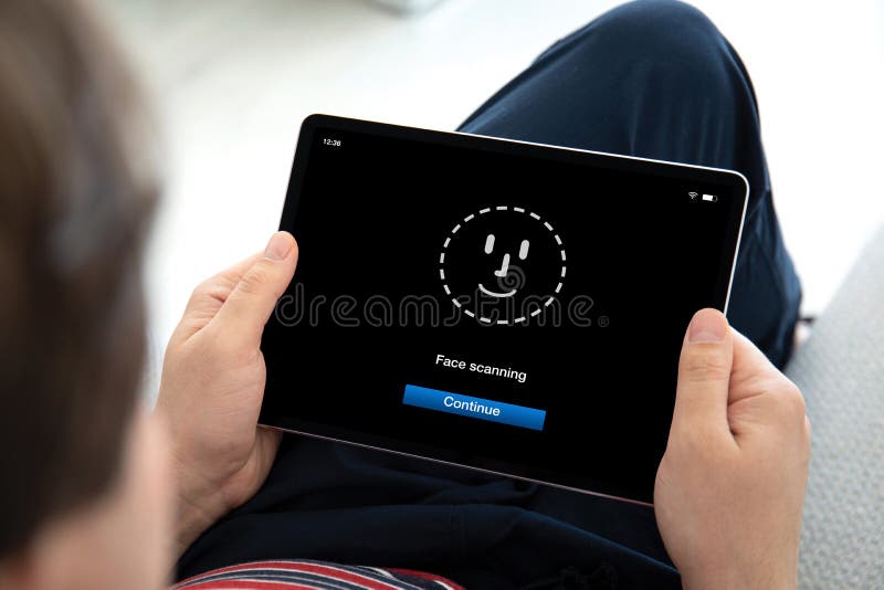 Man Hands Holding Computer Tablet with Face ID Scanning Stock Image ...