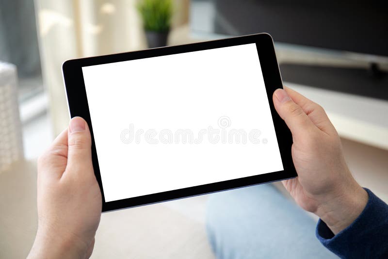 Man Hands Holding Computer Tablet with Screen in Room Stock Photo ...