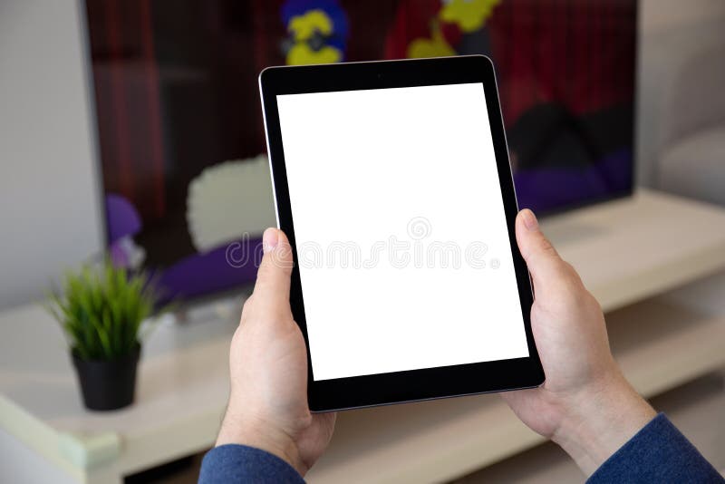 Man Hands Holding Computer Tablet with Isolated Screen in Room Stock ...