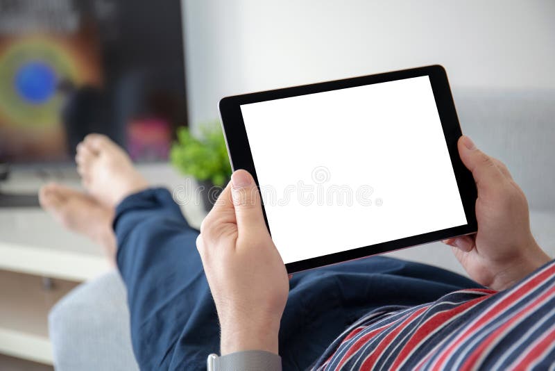 Man Hands Holding Computer Tablet with Screen in Room Stock Photo ...