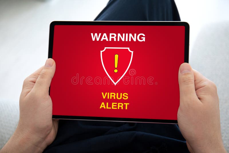 Man Hands Holding Computer Tablet with Warning Virus Alert Stock Photo ...