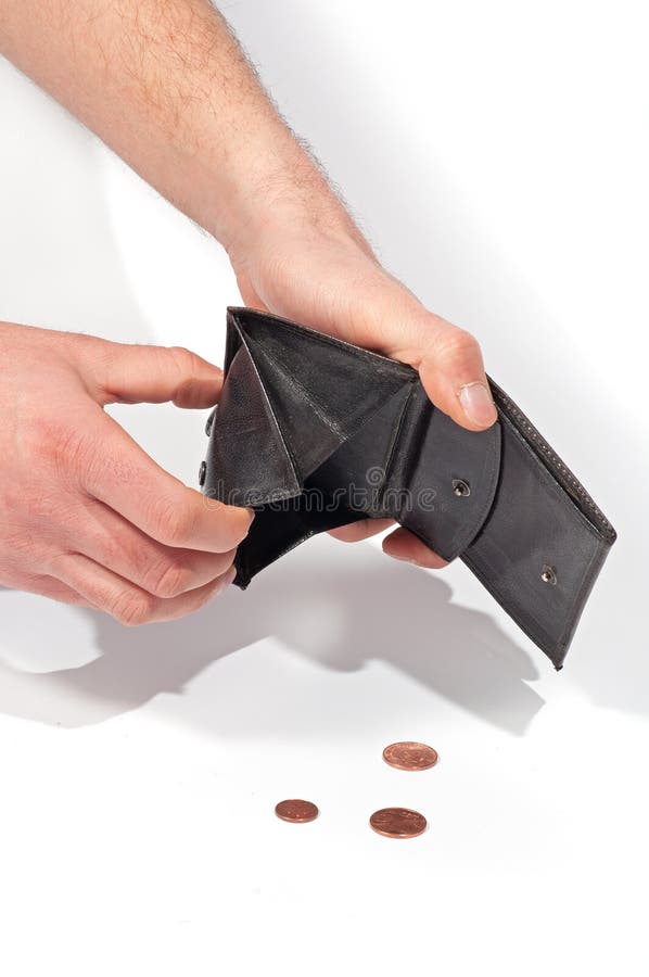 Man Hands Holding an Empty Wallet and Some Euro Coins Stock Image ...