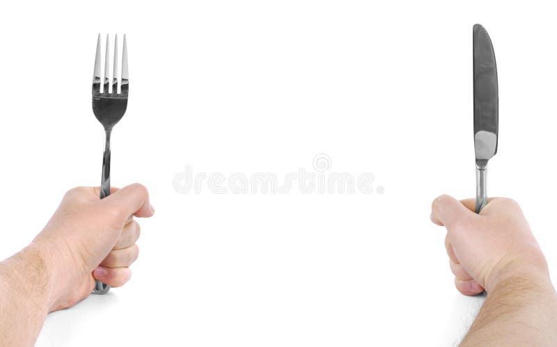 Man Holding Fork And Knife Isolated On White Stock Photo - Image of ...