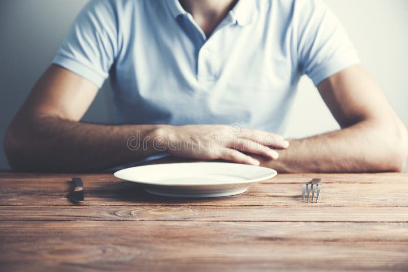 Man Hands Holding Fork and Knife Over the Empty Plate Stock Image ...