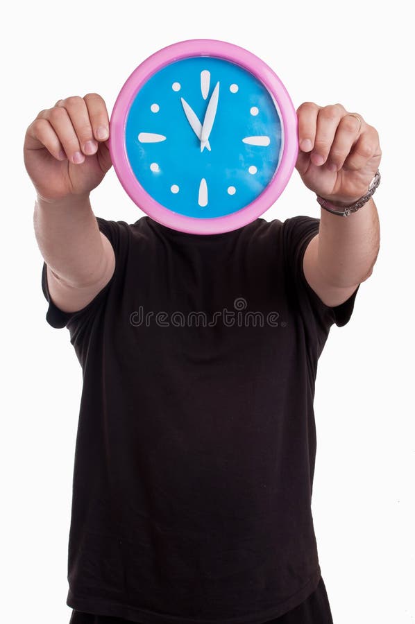 Man Hands Holding in Front of His Face a Large Wall Clock Showing Time ...