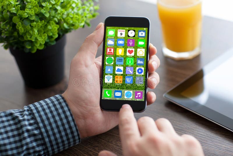 Man Hands Holding Phone with Home Screen Icons Apps Stock Image - Image ...