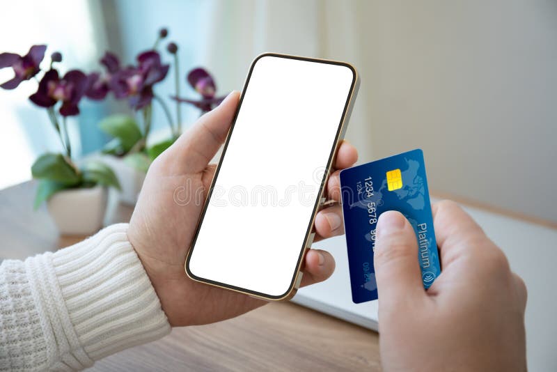 Man Hands Holding Phone with Isolated Screen and Plastic Card Stock ...