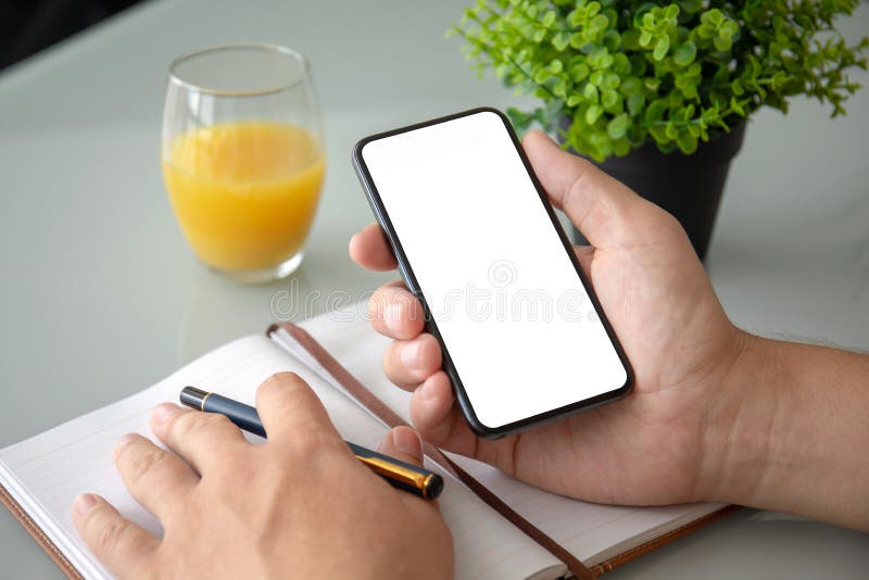 Man Hands Holding Phone with Screen and Writing Noteboo Stock Photo ...