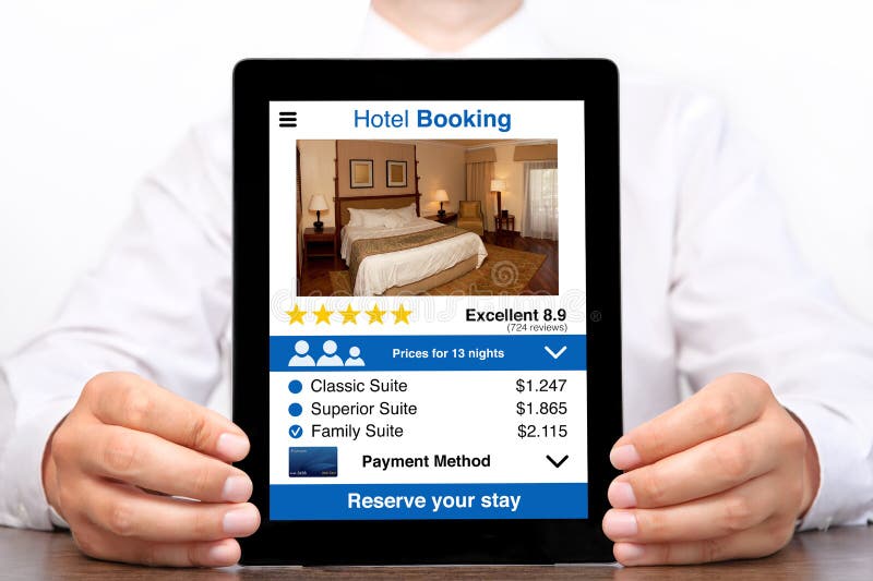 Man Hands Holding Tablet Computer with App Hotel Booking Screen Stock ...
