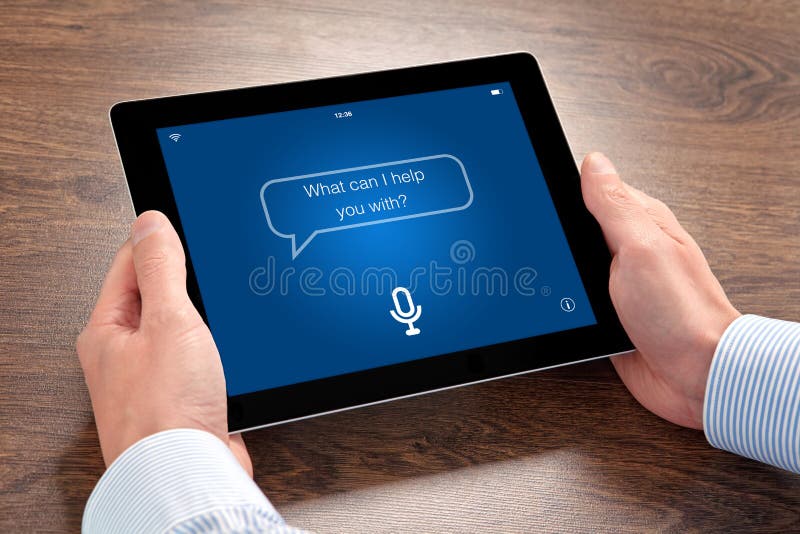 Man Hands Holding Tablet Computer with App Personal Assistant Sc Stock ...