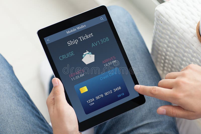 Man Hands Holding Tablet Computer with Online Ship Ticket Stock Image ...