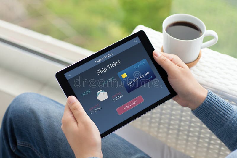 Man Hands Holding Tablet Computer with Online Ship Ticket Screen Stock ...