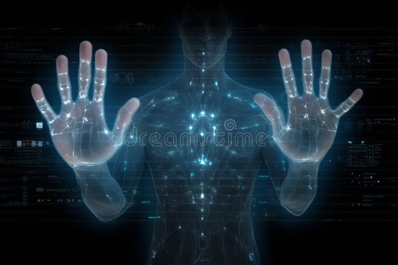 Man Hands Holdinga Digital Screen with the Projectio Stock Illustration ...