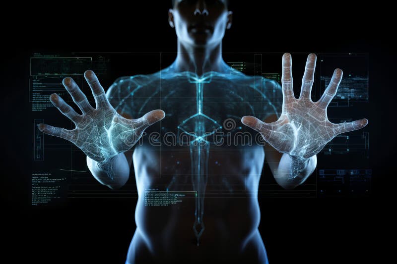Man Hands Holdinga Digital Screen with the Projectio Stock Illustration ...