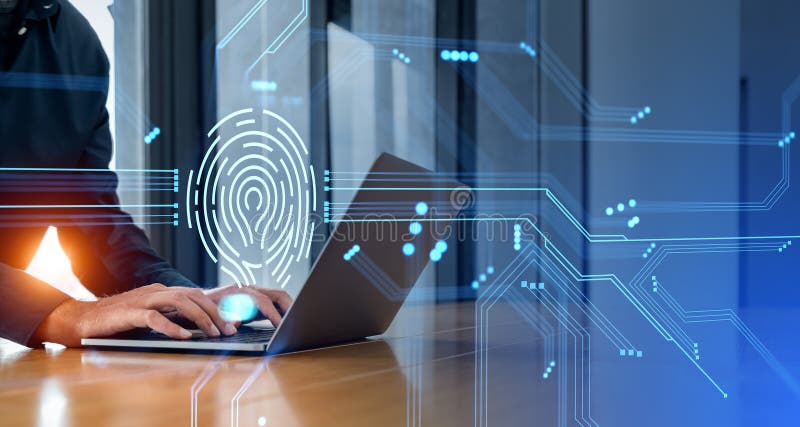 Man Hands with Laptop, Fingerprint Interface Stock Image - Image of ...