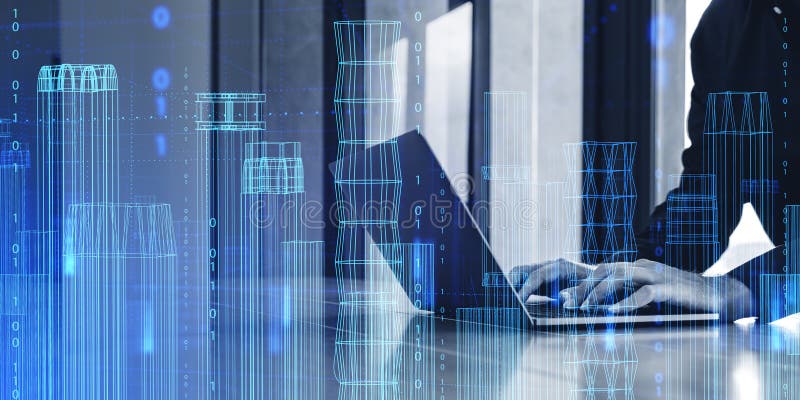 Man Hands with Laptop in Office, Wireframe Network Interface Stock ...